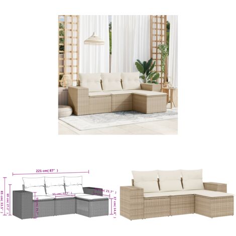 4-tlg. Garten-Sofagarnitur mit Kissen Beige Poly Rattan - Gartenmöbel ...