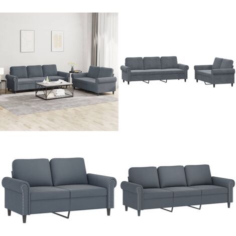 2-tlg. Sofagarnitur mit Kissen Dunkelgrau Samt - Samtsofa - Wohnzimmersofa - Couchgarnitur - 2er ...