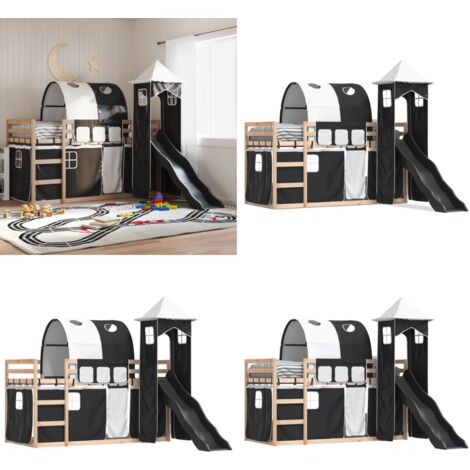 Etagenbett mit Rutsche und Gardinen Weiß und Schwarz 80x200 cm ...