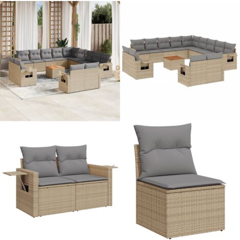 14-tlg. Garten-Sofagarnitur mit Kissen Beige Poly Rattan - Gartenmöbel ...