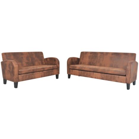 Sofa-Set 2-tlg. Kunstleder in Wildleder-Optik Braun - Komfortables Sofa ...