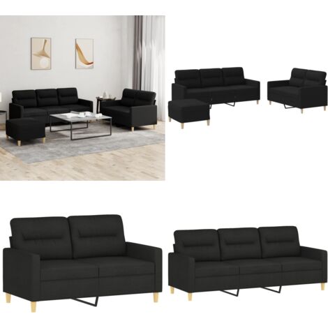 3-tlg. Sofagarnitur mit Kissen Schwarz Stoff - Schwarzes Sofa ...
