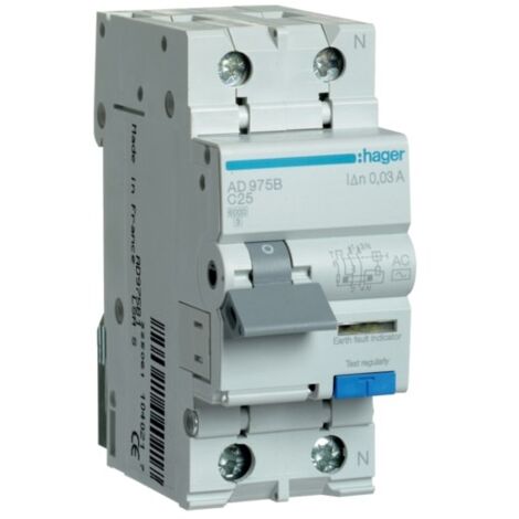 Ad975b Disjoncteur Différentiel Hager 1p+n 25a 30ma 6ka Type Ac - Neutre à Droite - Auxiliarisable