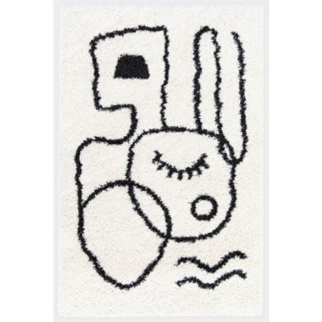 Tapis de salon à poils longs - Line art - Noir et blanc cassé - 120 x ...