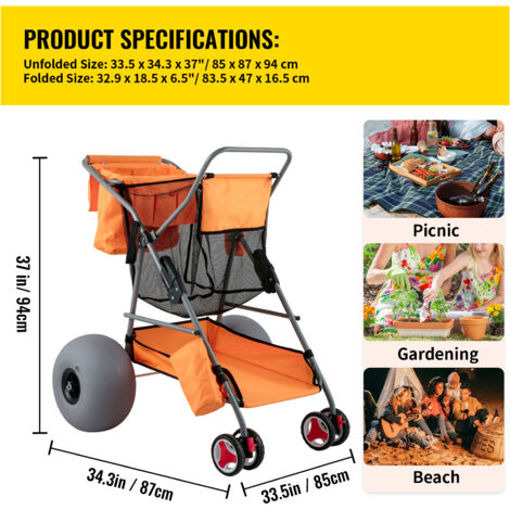 Mophorn Chariot de plage pliable orange - Roues tout-terrain de 12 po ...