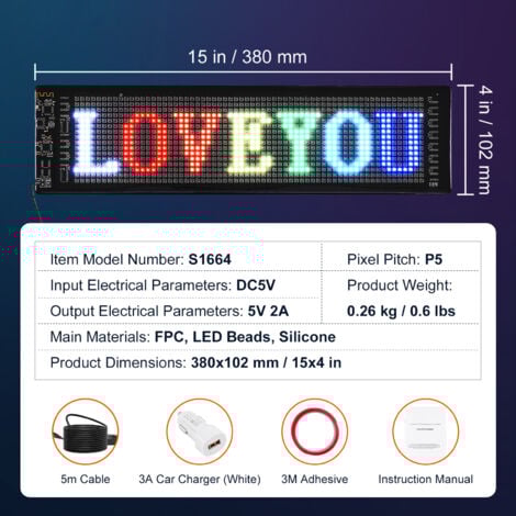 Mophorn Panneau LED programmable 38 x 10 cm, panneau de défilement couleur P5, affichage d ...