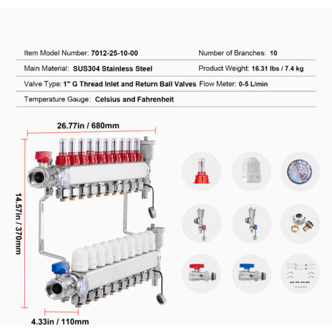 Mophorn Collecteur de chauffage radiant à 10 branches, collecteur de ...