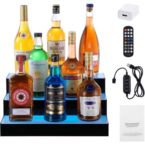 Mophorn Présentoir à bouteilles d'alcool éclairé par LED, étagère de bar commerciale à 3 niveaux ...