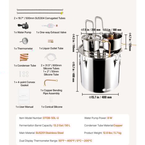 Mophorn Alambic à alcool, distillateur d'eau-alcool en acier inoxydable de 13,2 gal / 50 L avec ...
