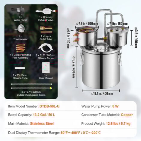 Mophorn Alambic à alcool, distillateur d'eau-alcool en acier inoxydable de 13,2 gal / 50 L avec ...