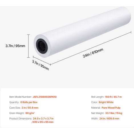 Mophorn Papier grand format, 24 po x 150 pi, papier traceur, 6 rouleaux ...