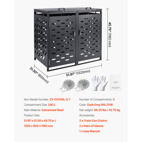 Mophorn Abri Poubelle 2 Bacs 240L en Acier Galvanisé Serrure Anthracite ...
