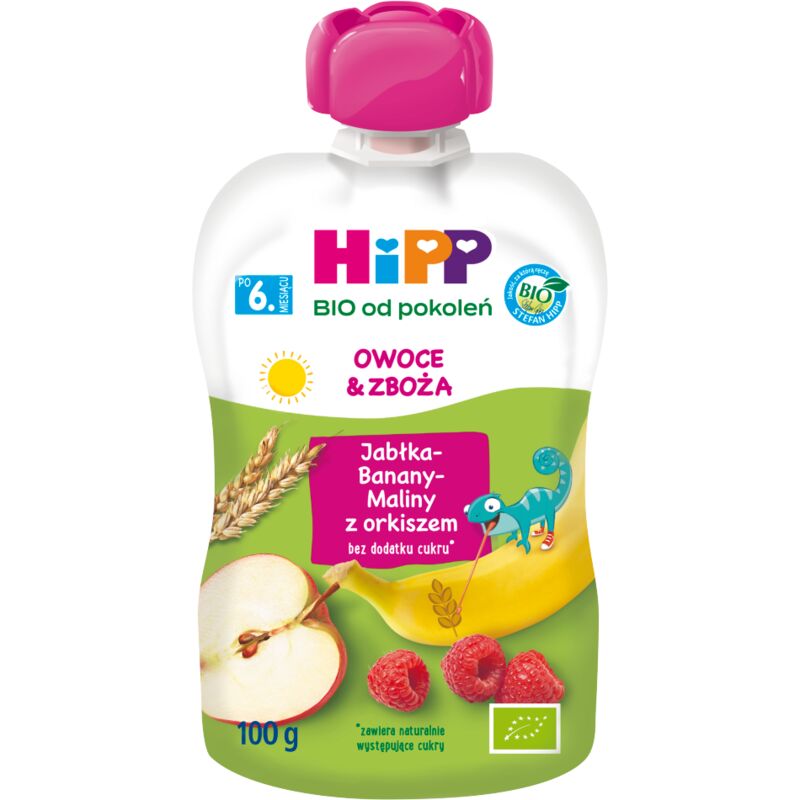 Hipp Mousse di frutta biologica 6m+ Mela-Banana-Lampone con farro