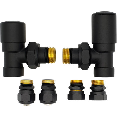 Set di valvole per radiatori ad angolo, nere + connettori PEX e Cu
