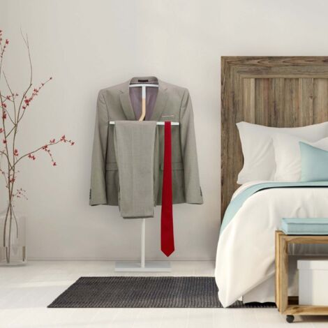 White wood and metal valet suit stand