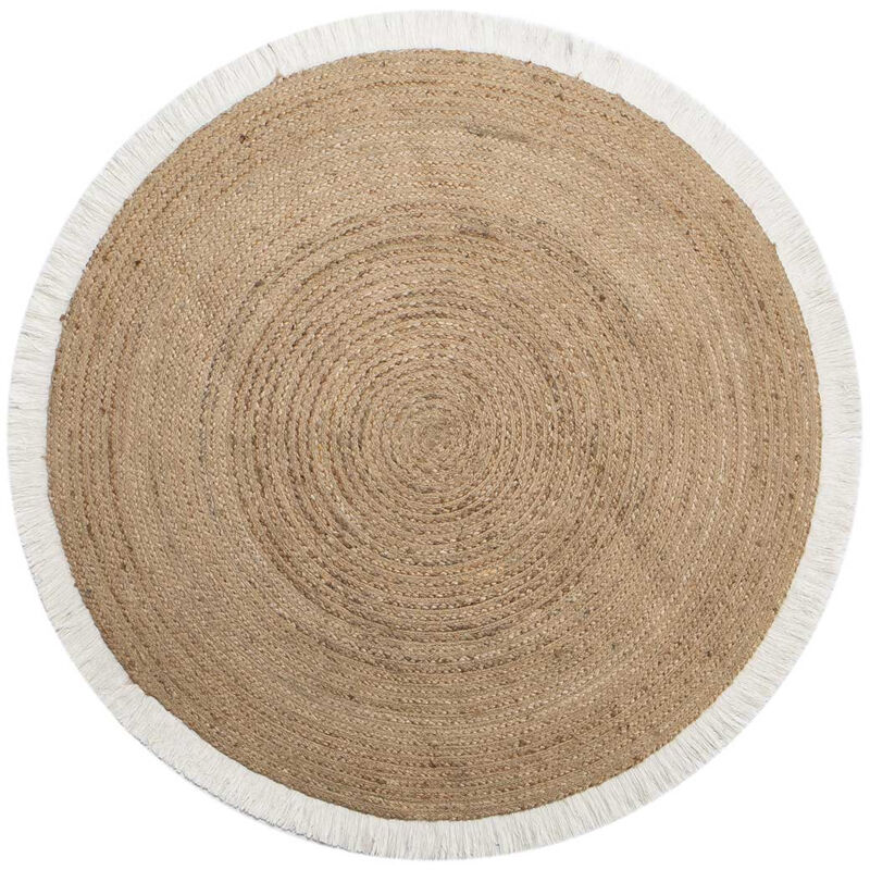 Tapis rond en jute naturelle et franges blanches 120 cm