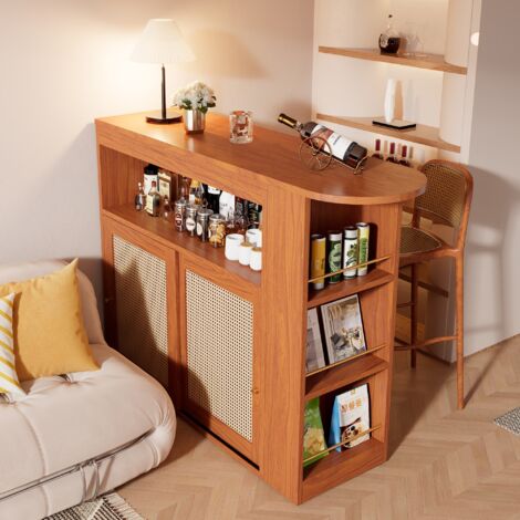 Buffet avec 2 portes coulissantes, 3 étagères, garniture en rotin, bar ...