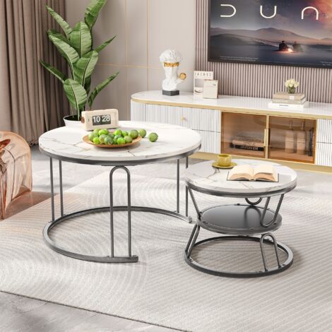 Lot de 2 Table basse gigogne, ronde, 70 cm, aspect marbre, cadre noir ...