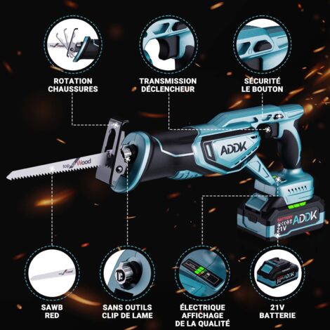 Scie sabre 18V - Poignée rotative, 1batterie, chargeur -2 Lames ...