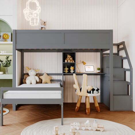 Lit superposé enfant 90x200 cm, avec escalier de sécurité et rangement ...