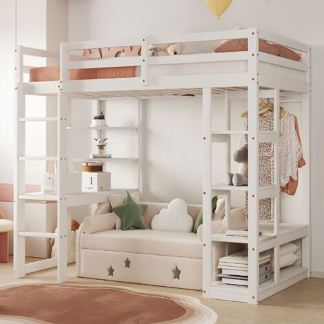 Lit mezzanine 90x200 cm, avec escalier, table et étagère, fonction de ...