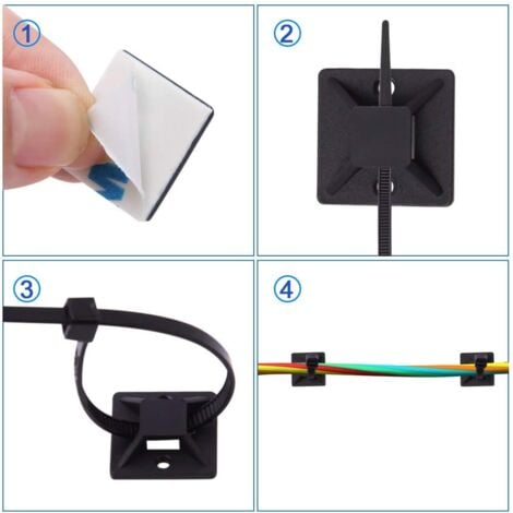 Lot de 100 supports adhésifs pour serre-câbles, 25 mm x 25 mm, noirs ...