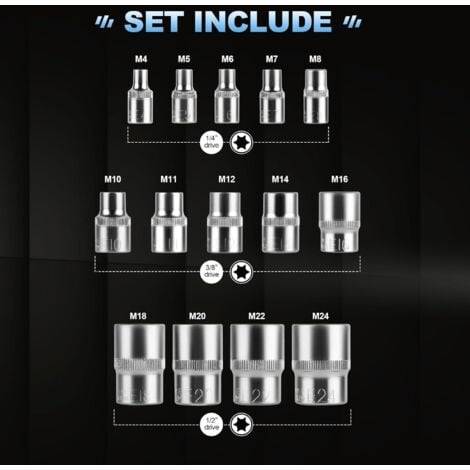 Coffret Douille Torx Femelle 1/4" 3/8" 1/2", Douille de Profilés E Torx E4, E5, E6, E7, E8, E10 ...