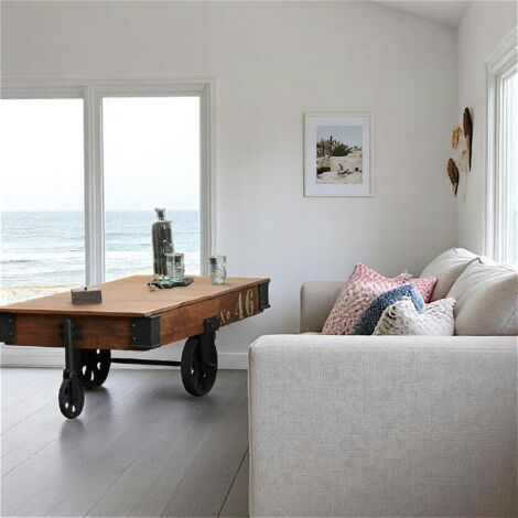 Table basse industrielle vintage bois recyclé roues LEEDS