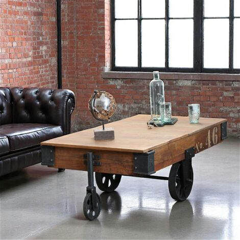 Table basse industrielle vintage bois recyclé roues LEEDS