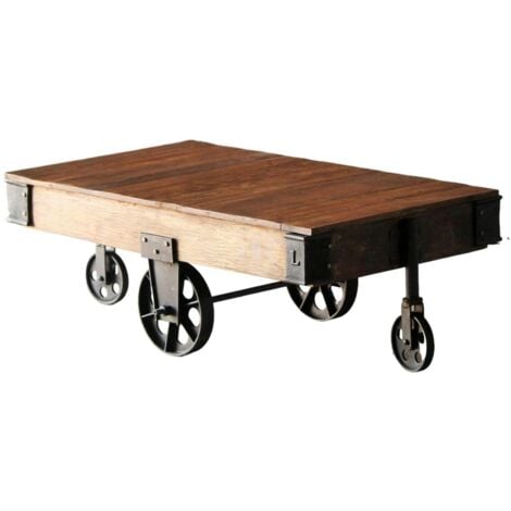 Table basse industrielle vintage bois recyclé roues LEEDS