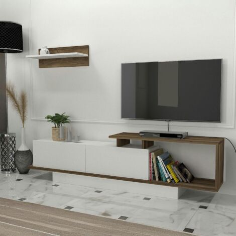 Banc TV design blanc & effet noyer avec étagère MARFA