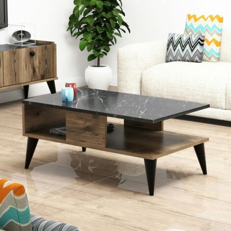Table basse marbre noir et noyer meuble de salon design chic ...