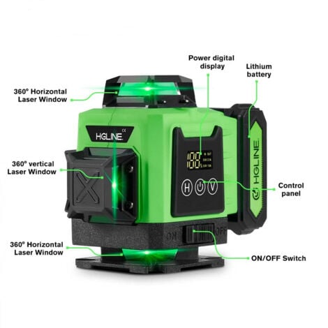 Nivel Láser 4 x 360°,4D Verde 16 Líneas Autonivelante Herramienta Láser de Nivelación Cruzada ...
