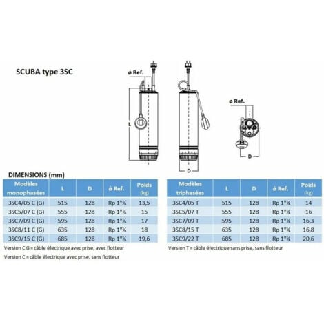 Pompe LOWARA 3SC5/07T de puits SCUBA 5'' en Inox - 4,2 m3/h - 57 m - Rp 1''¼ - Tri 400V - 50Hz ...