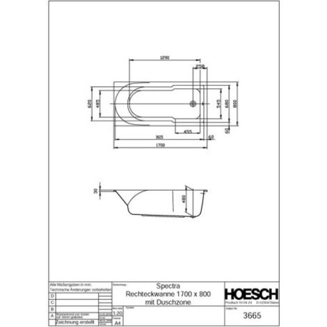 Baignoire Hoesch SPECTRA 1700x800x480mm. avec zone de douche blanc