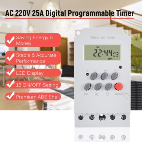 Rosvola AC 220 V 25 A Digitaler programmierbarer Timer, Din-Schiene, elektronischer Zeitschalter ...