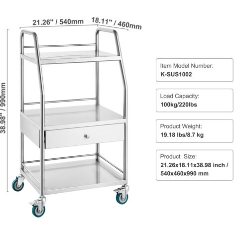Mophorn Labor-Servierwagen, 3-stufiger Rollwagen aus Edelstahl ...