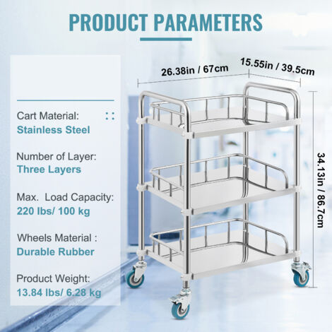 Mophorn Labor-Rollwagen aus Edelstahl mit 3 Ablagen und Lenkrollen ...