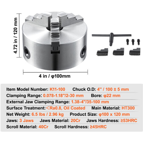 Mophorn 3-Backen-Drehfutter, 4-Zoll-selbstzentrierendes Spannfutter ...