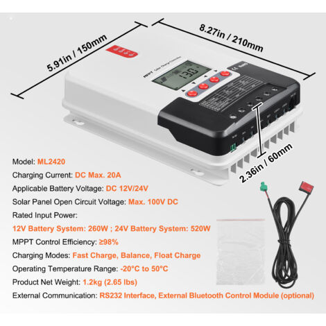 Mophorn 20A MPPT Solarladeregler 12 V/24 V automatischer DC-Eingangs ...