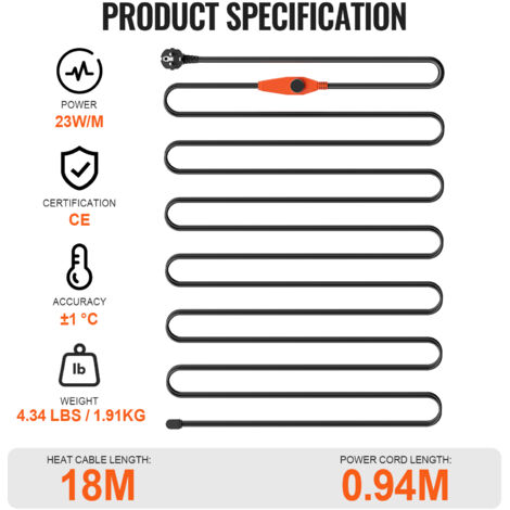 Mophorn Rohr-Heizkabel, 18 m, 23 W/m, Heizband mit integriertem ...