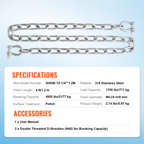 Mophorn Cadena de ancla para barco ,1/4" x 4', 1700 lb WLL/4800 lb BS ...