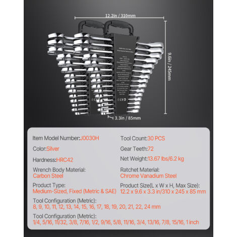 Mophorn Juego de llaves de trinquete de 30 piezas, juego de llaves combinadas de acero Cr-V, SAE ...