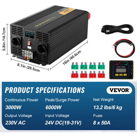 Mophorn Inversor de onda sinusoidal pura, 3000 vatios, inversor de corriente de CC 24 V a CA 230 ...