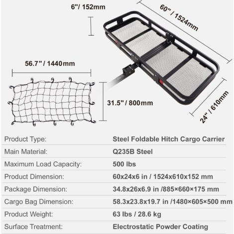 Mophorn Transportador de Carga Montado en Enganche, 60x24x6 pulgadas, Cesta de Carga de Acero ...