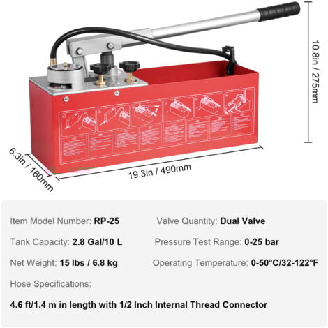 Mophorn Bomba de Prueba Hidrostática 25 Bar Kit de Probador de Presión de Agua Hidráulica Manual ...