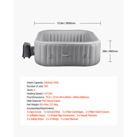 Mophorn Jacuzzi inflable portátil para 4 a 6 personas, diseño cuadrado ...