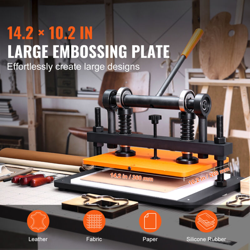 Mophorn Leather Cutting Machine 14.2 x 10.2 in Manual Die Cutter with 0.47 in Pressure Stroke Dual Guide Shafts Embossing Plate for Various Materials