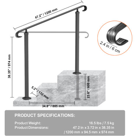 Mophorn Wrought Iron Handrail, Fit 2 or 3 Steps Outdoor Stair Railing ...