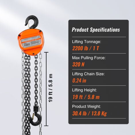 Mophorn Manual Chain Hoist, 1 Ton (2200 lbs) Capacity, 20 FT, G80 ...